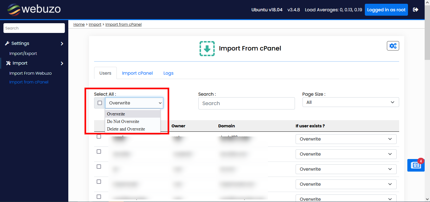 Import from cPanel – Webuzo
